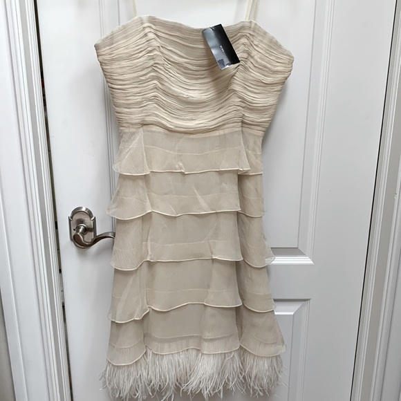 BCBG | Dresses | Bcbg Offwhite Chalk Ruffled Silk Chiffon Ostrich ...